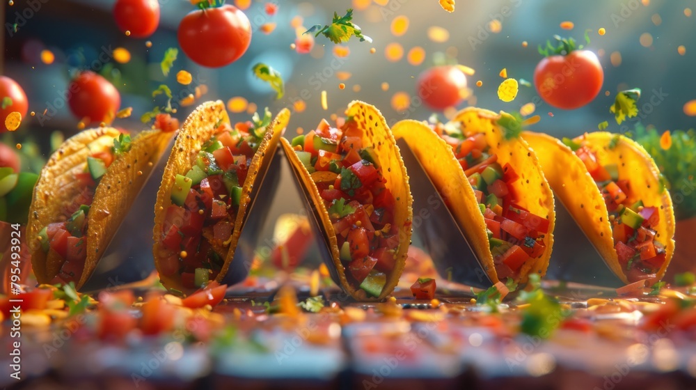 Envision a levitating taco bar with toppings floating above the taco ...