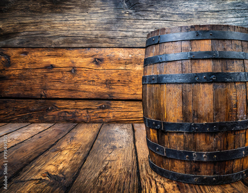 An old rum barrel texture, with dark wood staves and metal bands ...