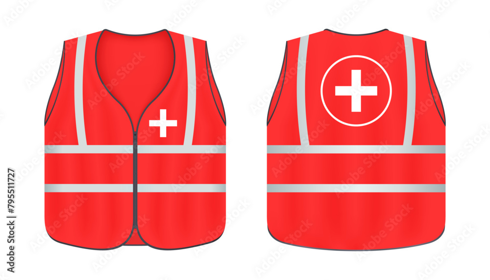 Red medical reflective safety vest with cross. Realistic reflective ...
