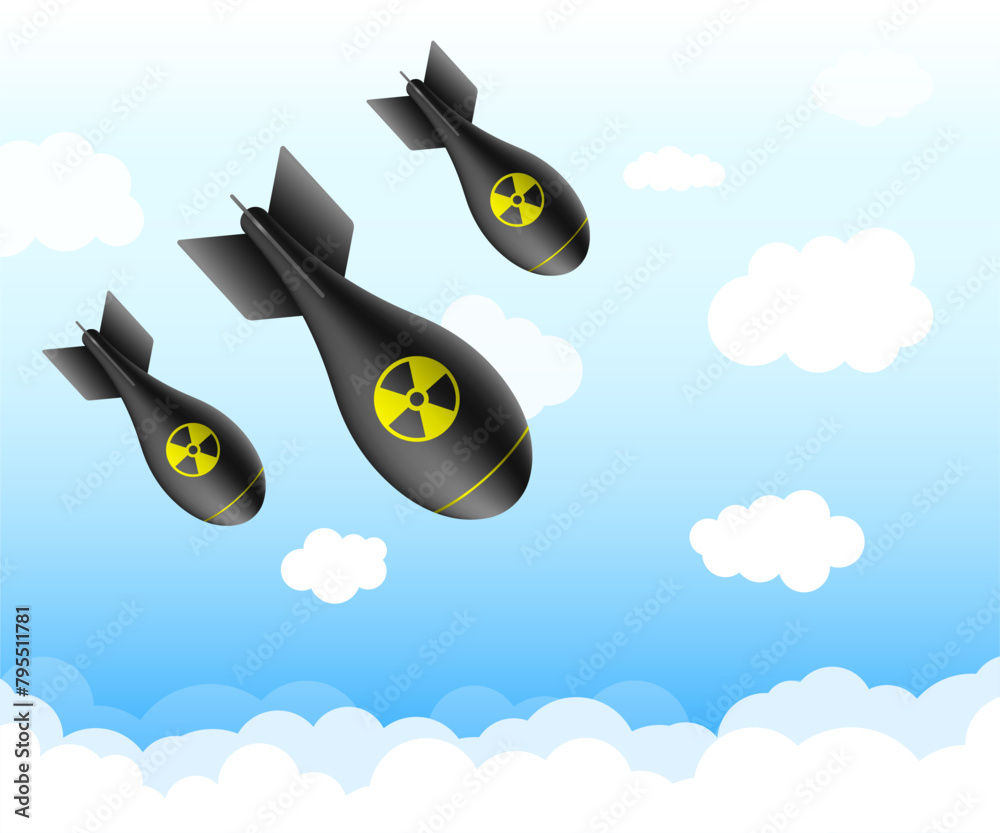 Atomic rocket air bomb. Atom bombs falling on the sky, Nuclear war risk. Nuclear atom bomb set ...