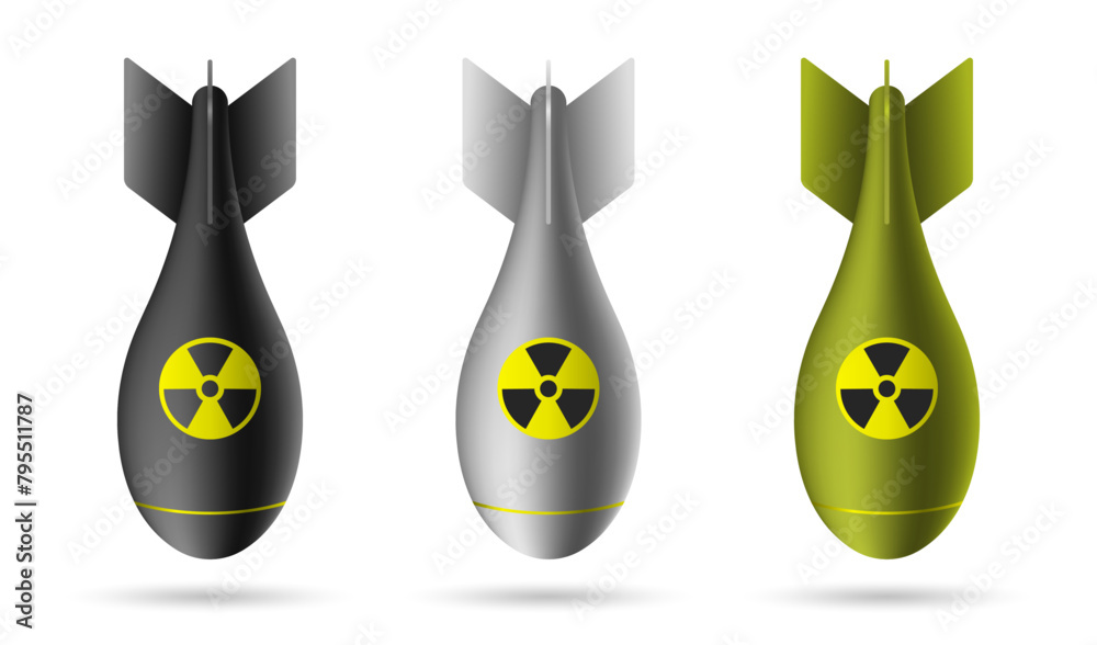Atomic rocket air bomb. Nuclear atom bomb. Nuclear atom bomb set isolated on a white background ...