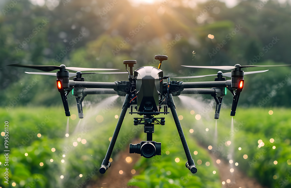 A smart farm drone flies over a green field, spraying useful pesticides ...