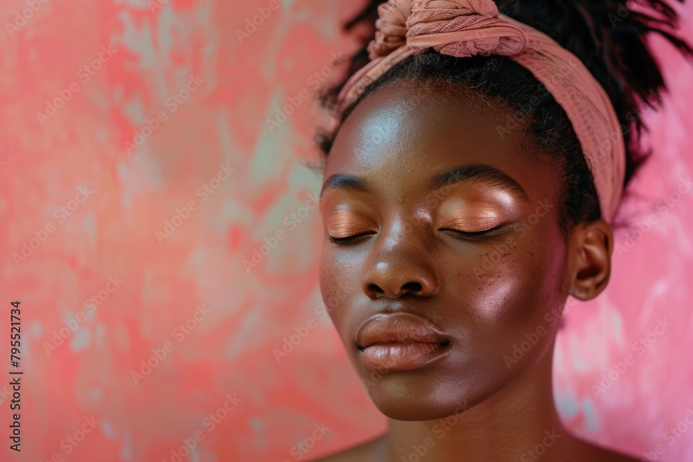 Lively African woman model with brown short afro hairstyle and a pink ...