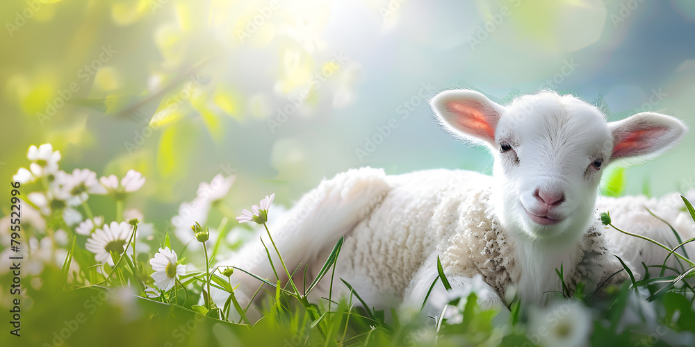 Cute little lamb on fresh spring green meadow background Juvenile Ewe ...