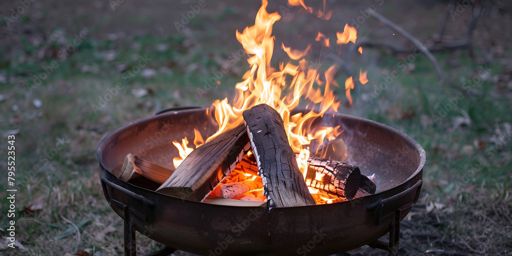 Metal fire ring fire pit with dancing crackling wood fire burning in ...