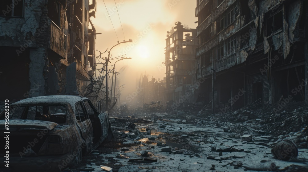 Political conflict. Destroyed buildings background. Terrible tragic war ...