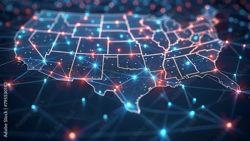 United States of America USA network map. connected network of states ...