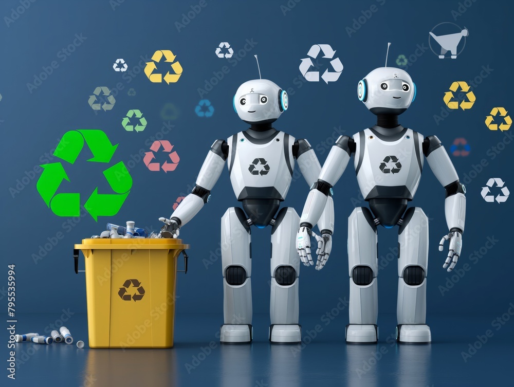 Two robots are standing next to a trash can with a recycling symbol on ...