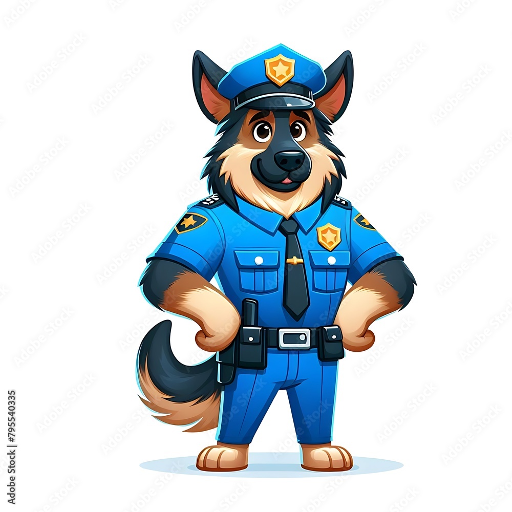 Funny shepherd dog character in blue police uniform standing on guard ...