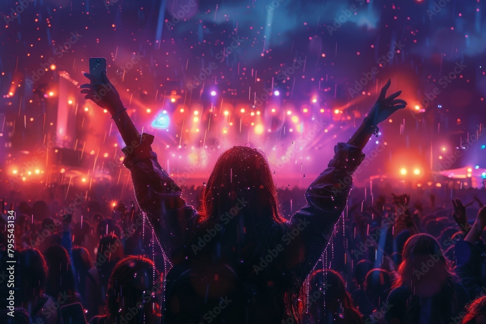 An excited music fan throws her hands up in celebration, taking a ...