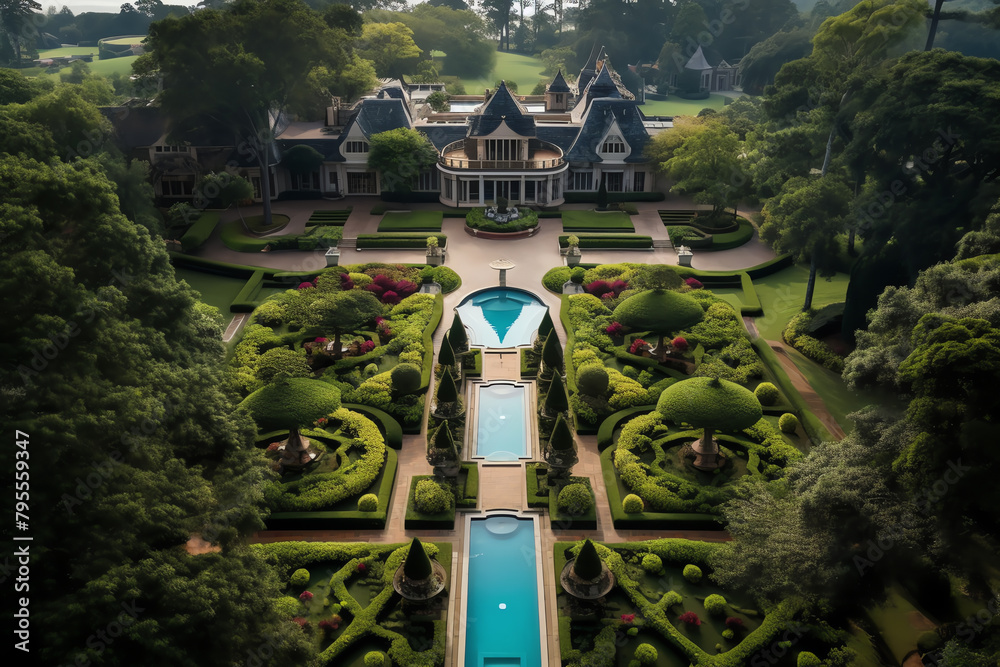 Aerial view of a sprawling estate captured by drone, showcasing lush ...