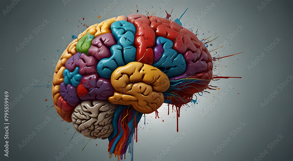 Illustration of a Human brain with various color stains and blood ...