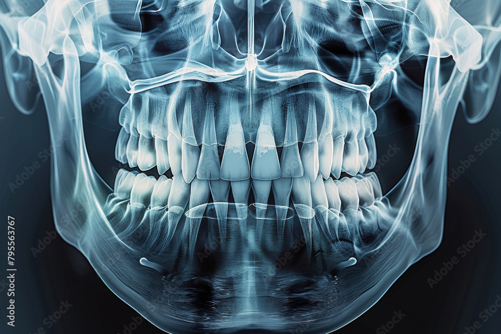 Medical, scan and xray of teeth in mouth for healthy growth, evaluation ...