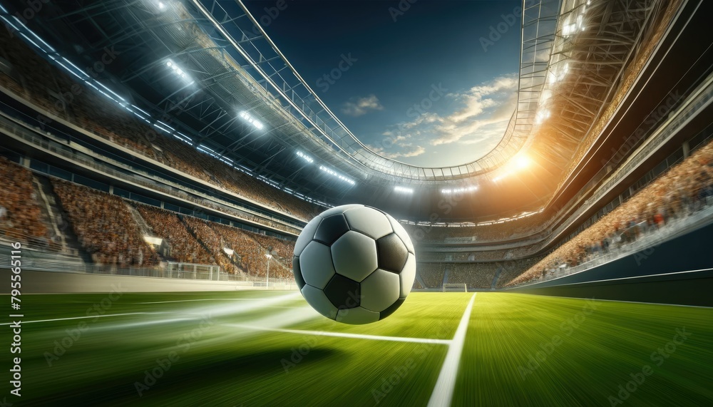 The ball flies on the soccer floor, evening at the stadium, FIFA World ...