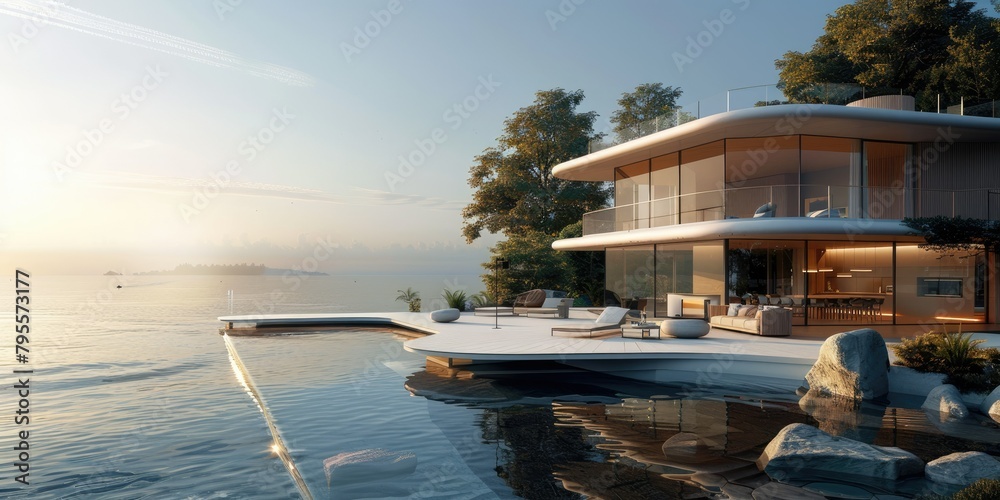 a serene waterfront setting featuring a contemporary architectural ...