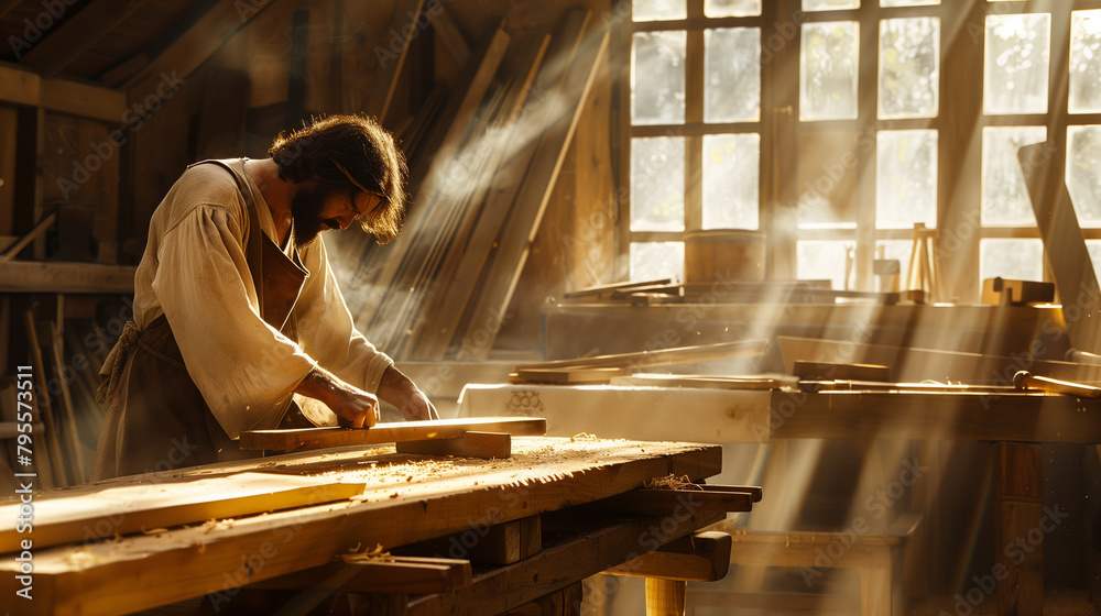 Depicting Jesus working in his carpentry shop, light streaming through ...