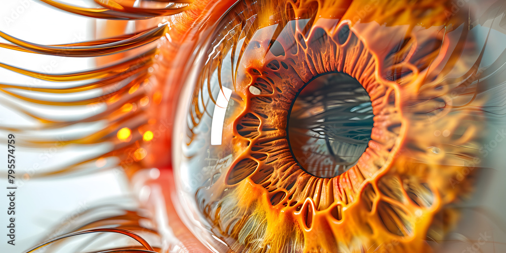 A detailed view of a brown human eye featuring a dilated pupil and long ...