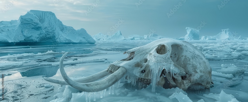 Rising from the melting ice, the skeletal remains of a mammoth provide ...