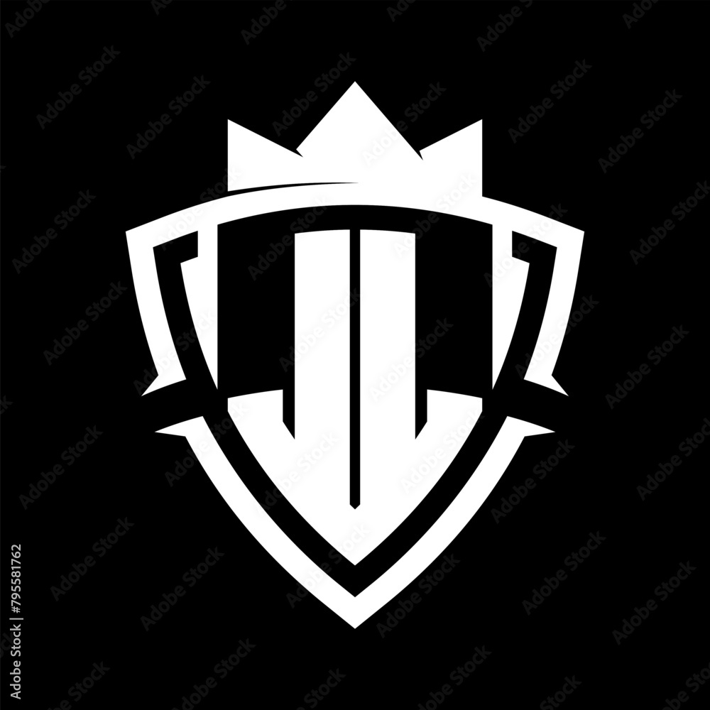 JL Letter monogram with triangle curve shield shape with crown white and black background color ...