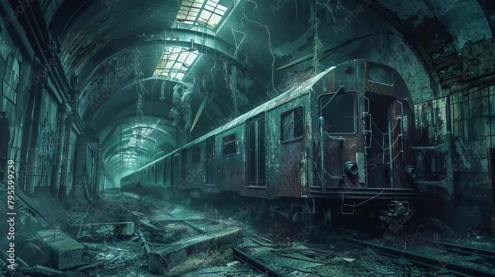 desolate abandoned train wreck in grungy underpass postapocalyptic ...