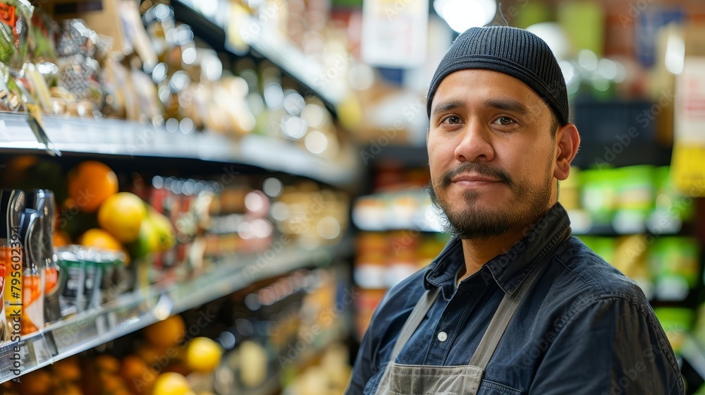 hardworking hispanic male employee stocking shelves in supermarket ...
