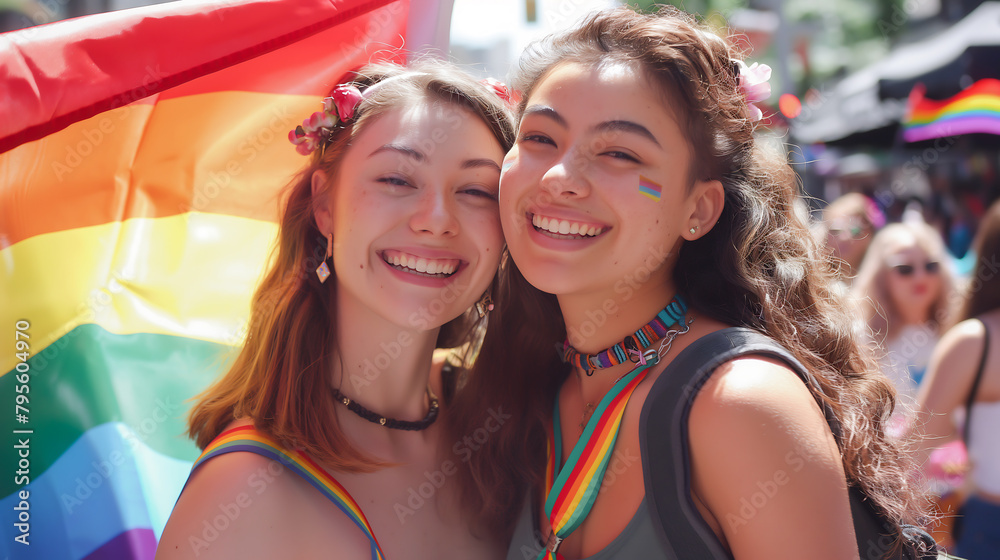 Happy smiling young woman lesbian couple with lgtbq flags celebrating ...