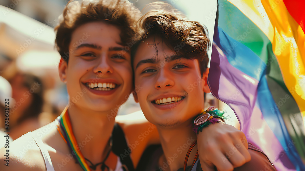 Two young man with lgtbq flags celebrating gay pride. Happy gay men ...