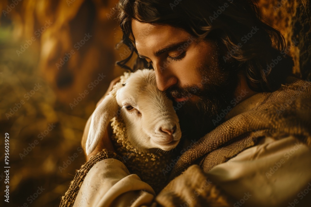 Depiction of Jesus Christ as Shepherd - Jesus Christ holding a Lamb ...