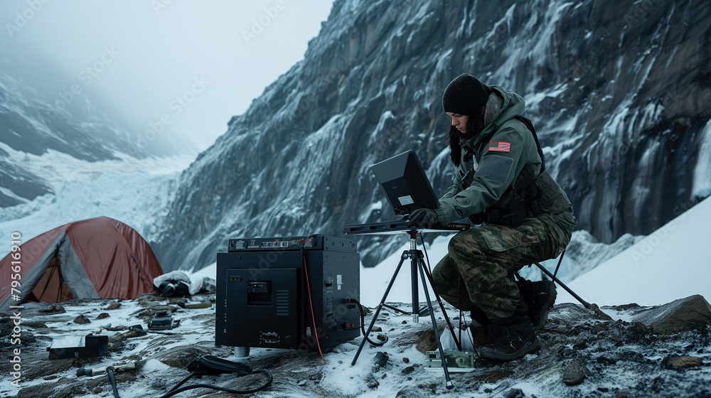 At a makeshift base in the Arctic, a female soldier wearing insulated ...