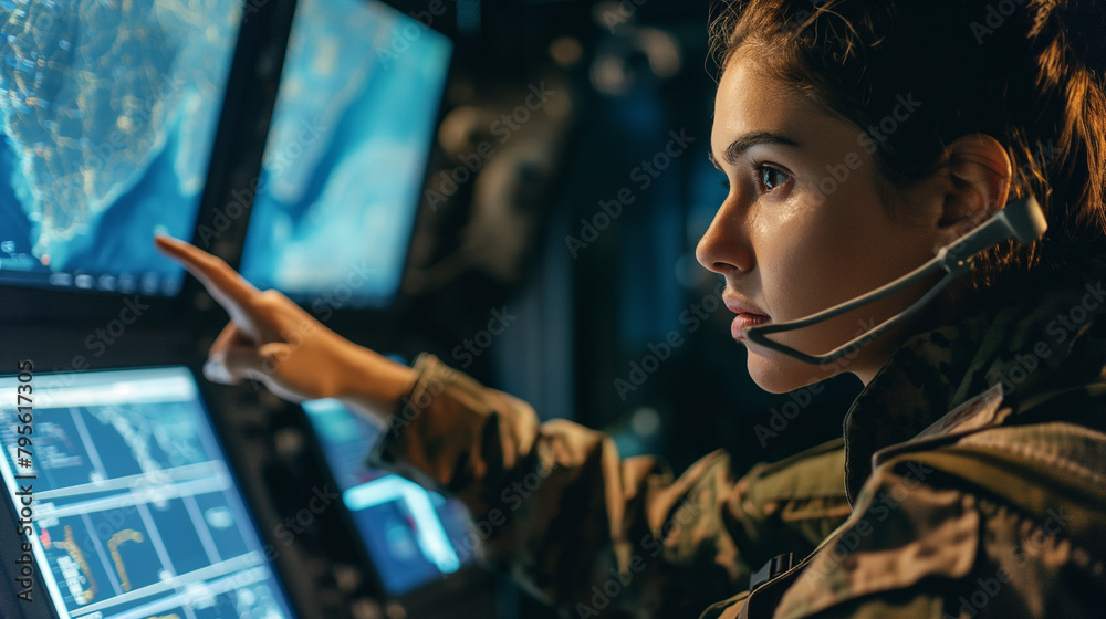 In a futuristic training facility, a female soldier operates a state-of ...