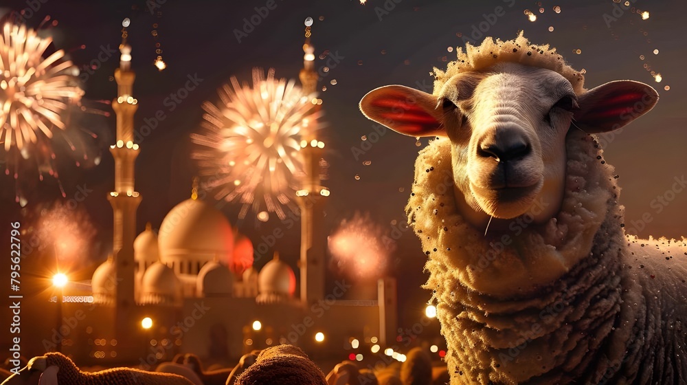 A joyful sheep, smiling at the camera, with a modern Saudi mosque and ...