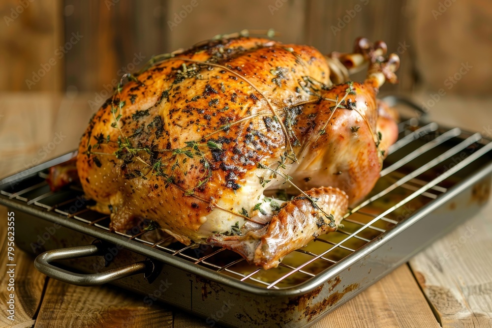Whole roasted turkey trussed on rack in roasting pan, green background ...