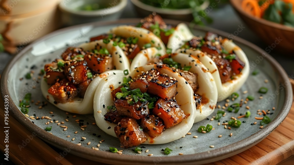 Hands hold Asian steamed gua bao with pork belly on plate. Concept ...