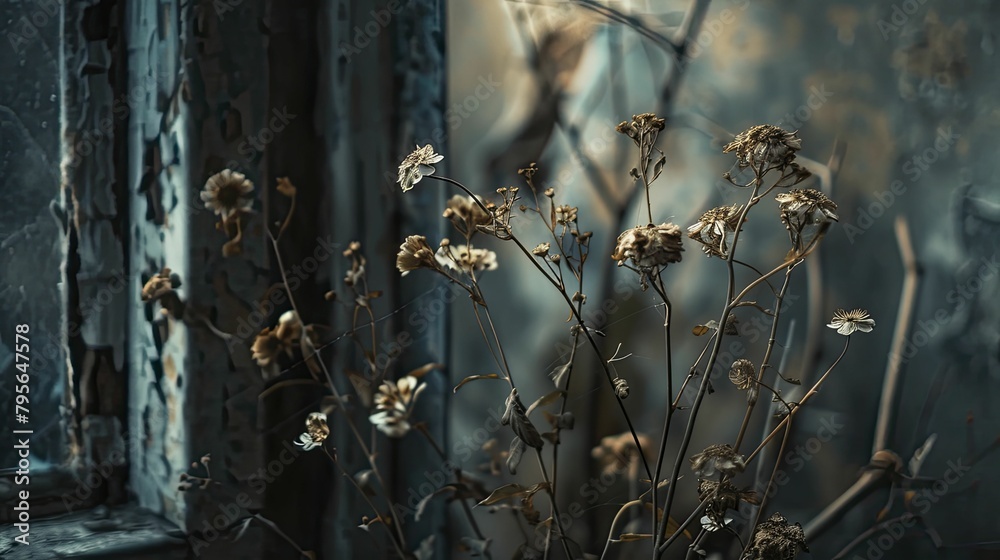The close-up shot captures a withered plant in a deserted office ...