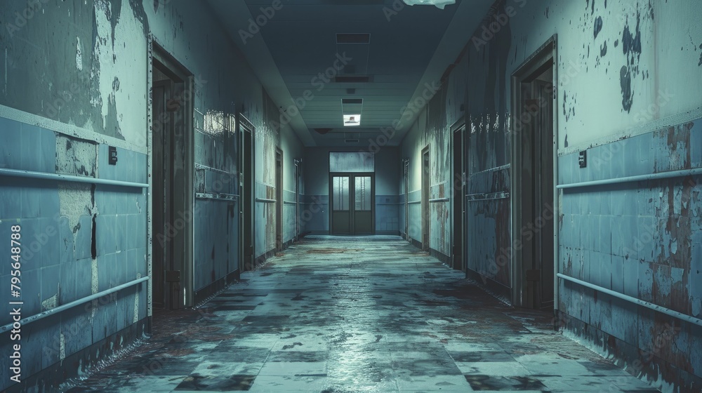 A haunting stillness envelops the desolate hospital corridor, its doors ...