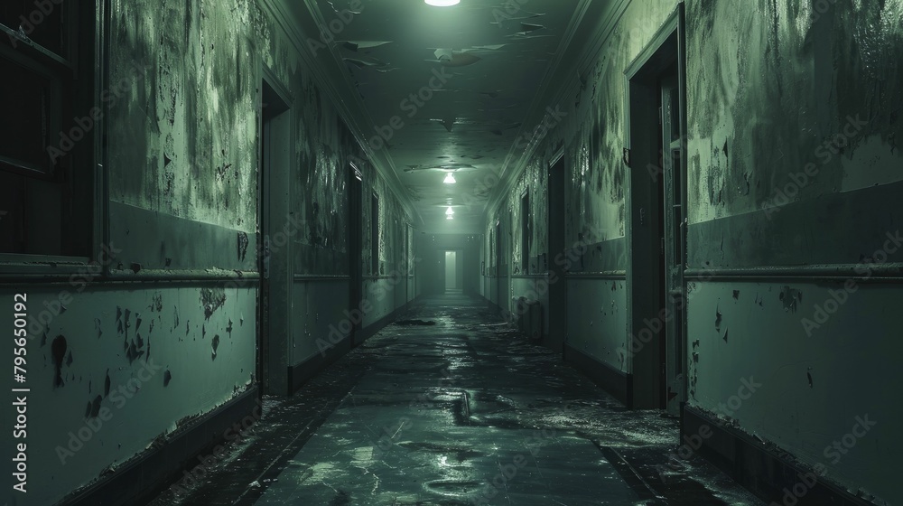Gloomy corridor with flickering lights, photography of an abandoned ...