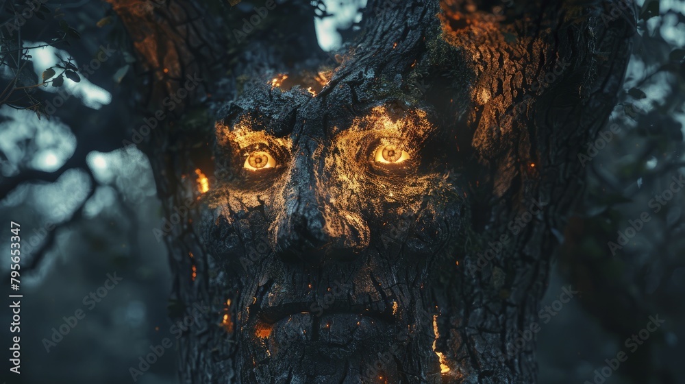 Spooky tree with faces visible in the bark, shot in twilight to enhance ...