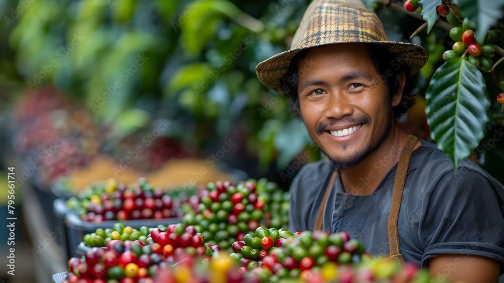 Portrait of young Filipino coffee bean farmer in farm landscape ...