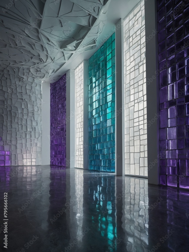 Sunlight streams through tall, rectangular windows composed of colorful glass bricks, casting ...