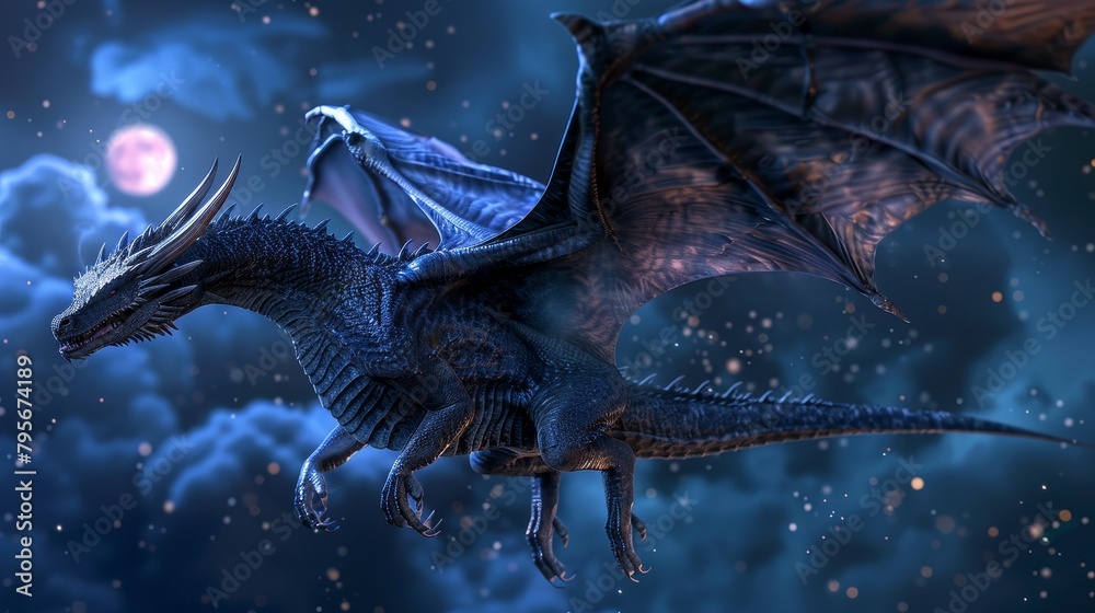 Capture a frontal view of a majestic, iridescent dragon in flight, its ...