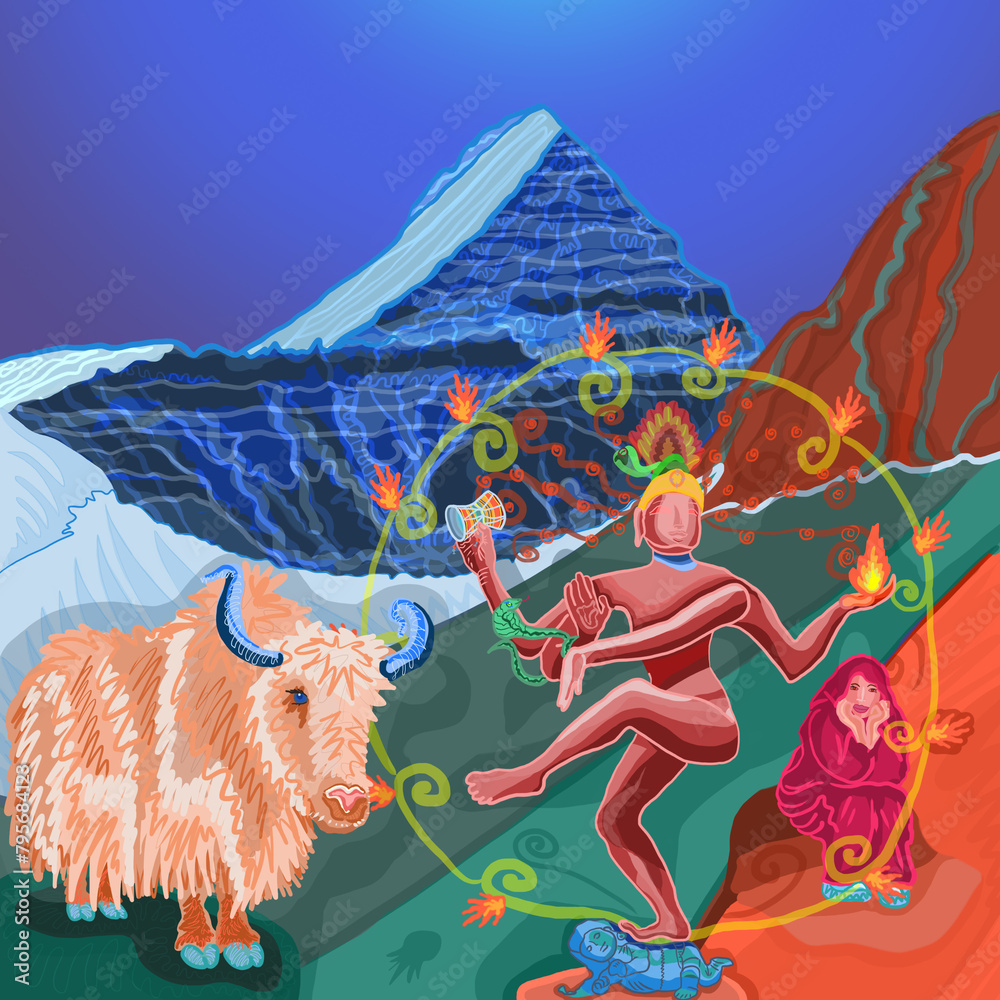 Eastern face of mountain Kailash with Shiva, human and yak Stock ...