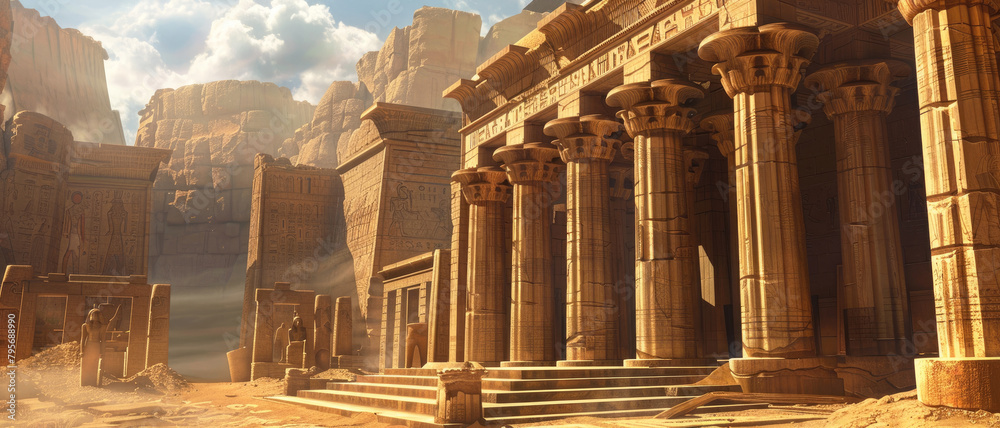 Ancient Egyptian temple entrance, luxury columns of old stone building ...