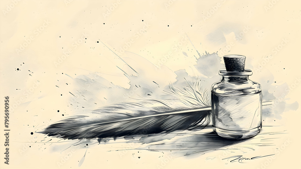 A simple drawing of a feather quill and an ink pot on an old wooden ...