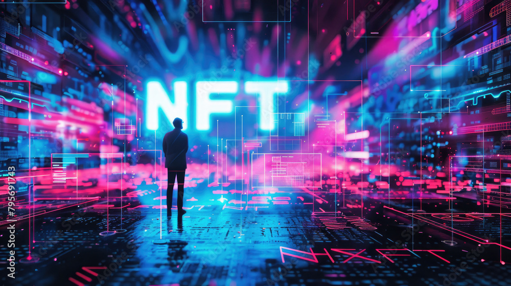 Man in digital world of NFT, modern token on cyber tech abstract ...