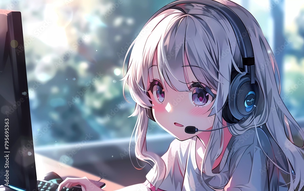 cute anime girl playing games with headset Stock Illustration | Adobe Stock