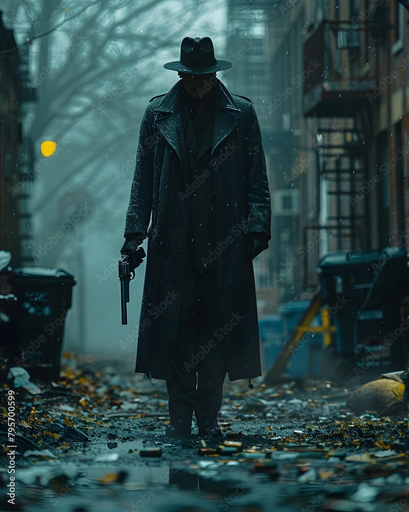 Shadowy Mafia Enforcer Lurks in Gritty Urban Alleyway Gun in Hand ...