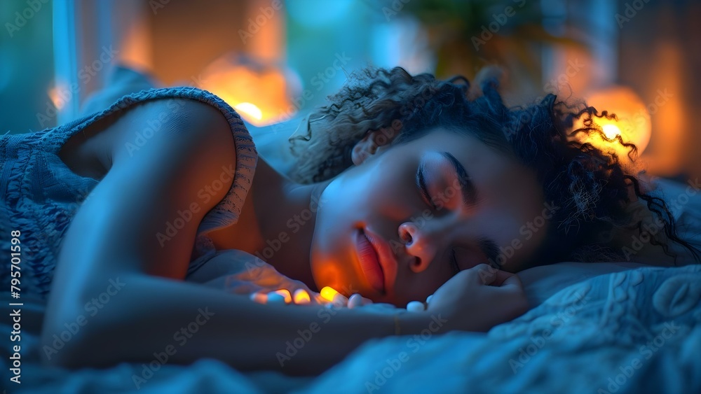 Multiracial Woman Sleeping In Bed With Melatonin Tablets Treating