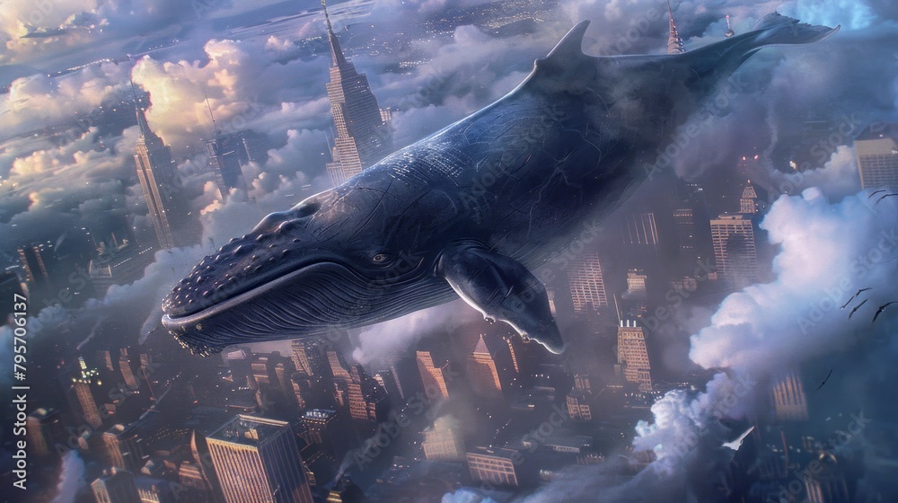 Ethereal scene where a massive whale swims through clouds above a ...