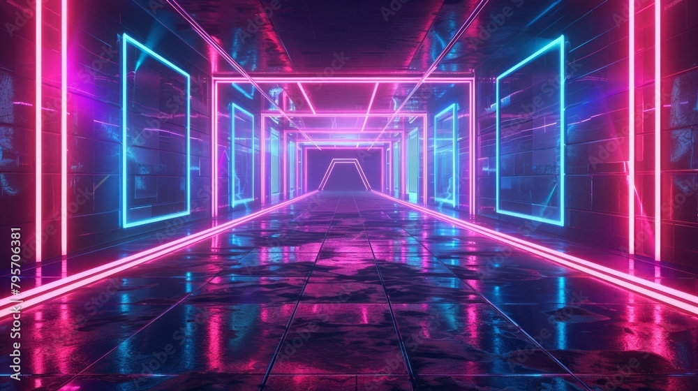 Neon light abstract background. Neon glowing lights stage with 80s ...