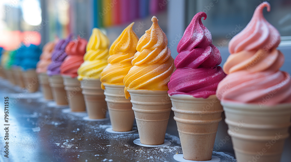 8. Icy Treats: Glistening cones of rainbow-colored ice cream melt in ...